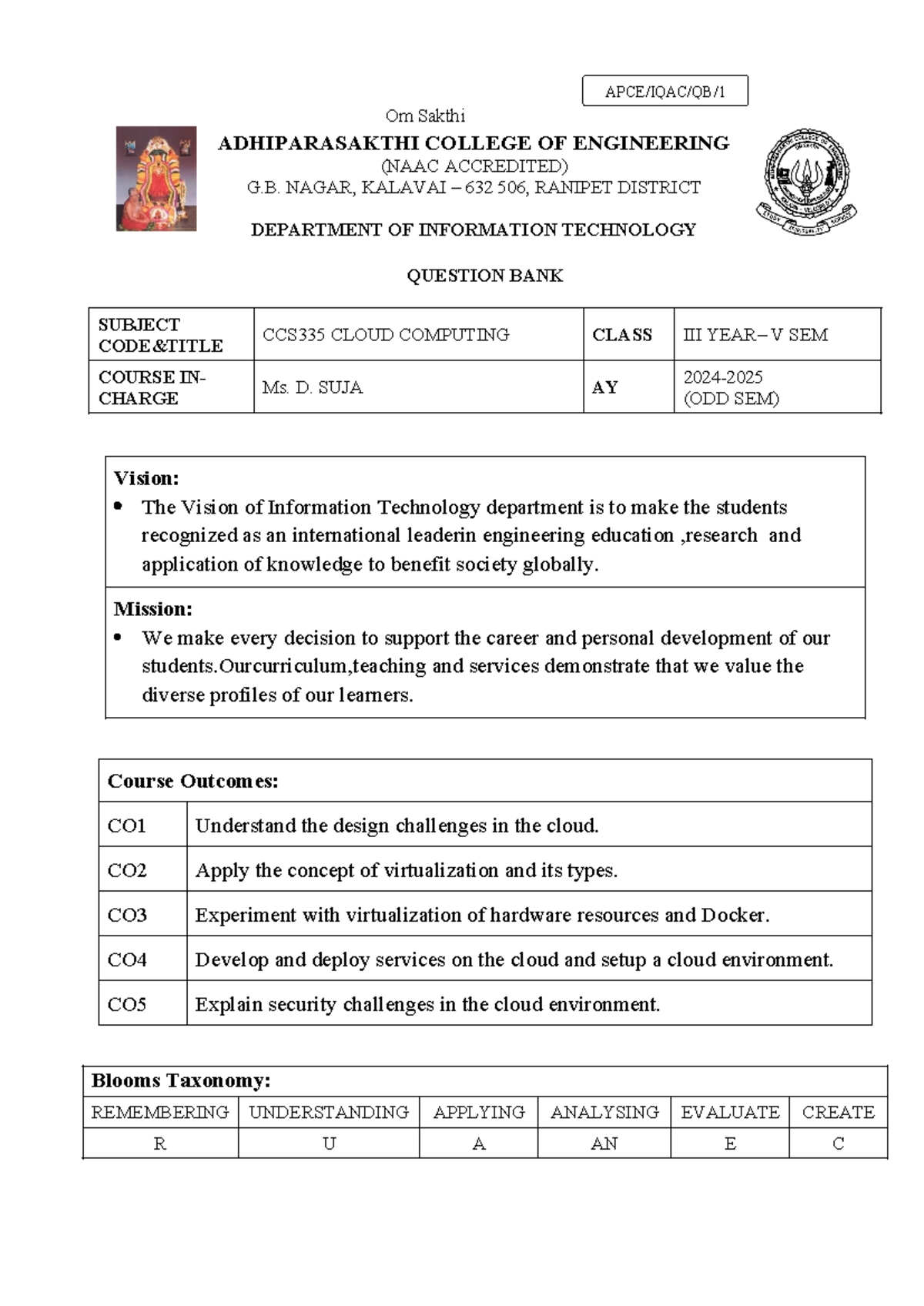 CC QB - Question Bank - Om Sakthi ADHIPARASAKTHI COLLEGE OF ENGINEERING ...