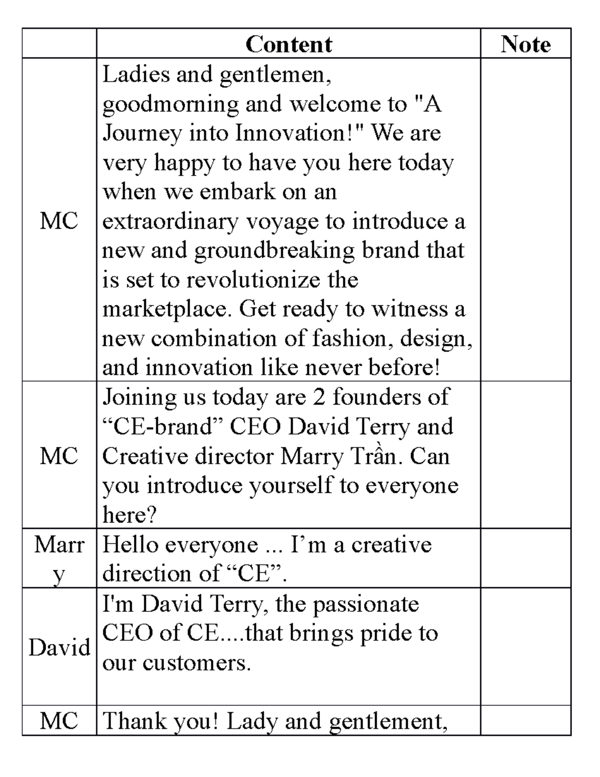 MC jewelry - MC Script of Project - Content Note MC Ladies and ...