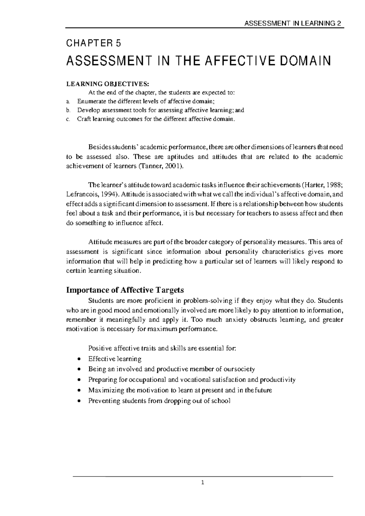Chapter 5 - CHAPTER 5 ASSESSMENT IN THE AFFECTIVE DOMAIN LEARNING ...