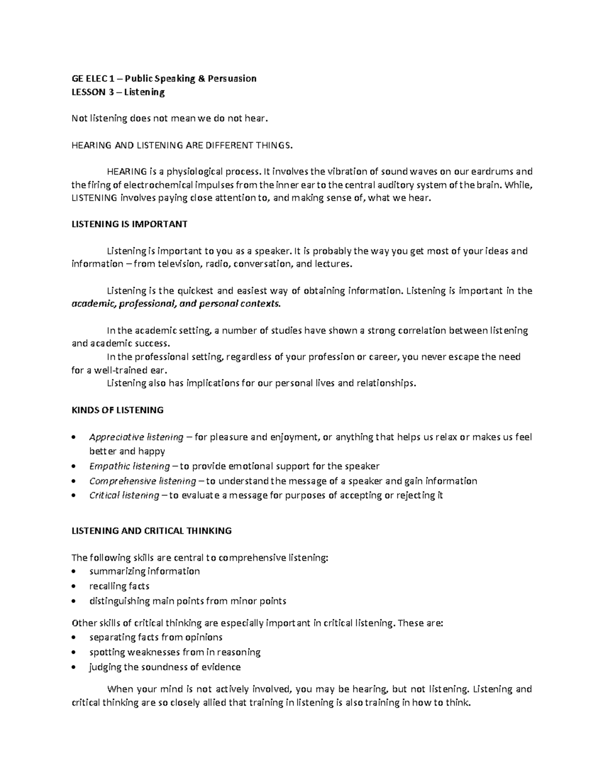 GE ELEC 1 Lesson 3 F2F Handout - GE ELEC 1 – Public Speaking ...