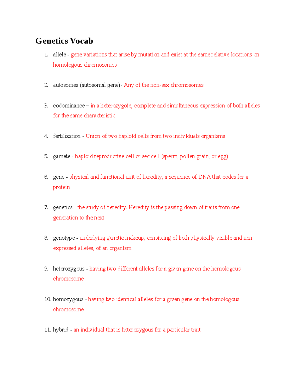 Genetics Vocabulary - Genetics Vocab allele - gene variations that ...