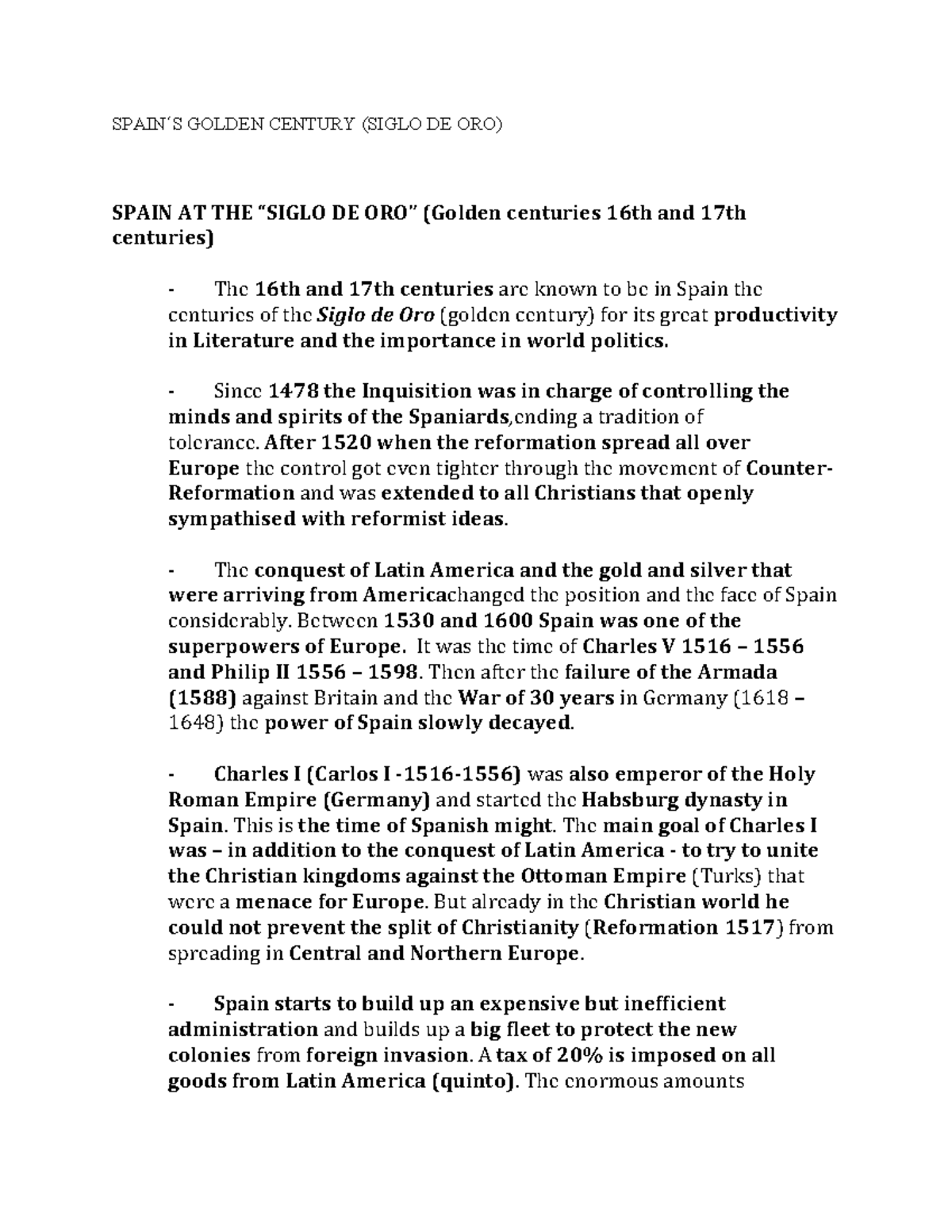 Spain Golden Century - Lecture Notes for SPAN 2600 - SPAIN ́S GOLDEN ...