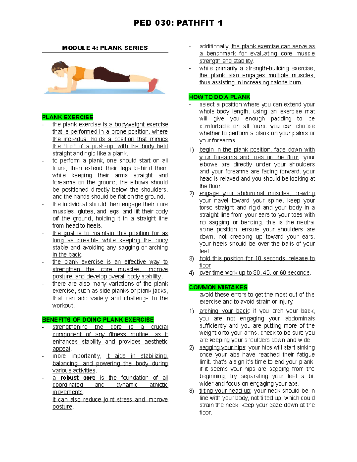 PED 030 P2 Reviewer - PED 030: PATHFIT 1 MODULE 4: PLANK SERIES PLANK EXERCISE the plank ...
