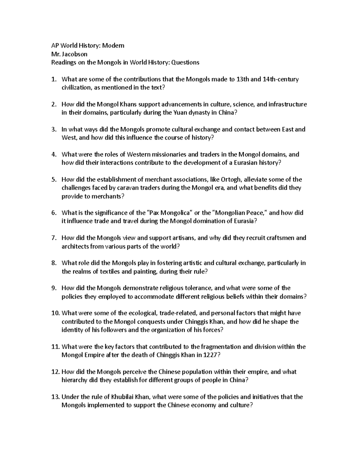 Mongols in World History Questions - AP World History: Modern Mr ...
