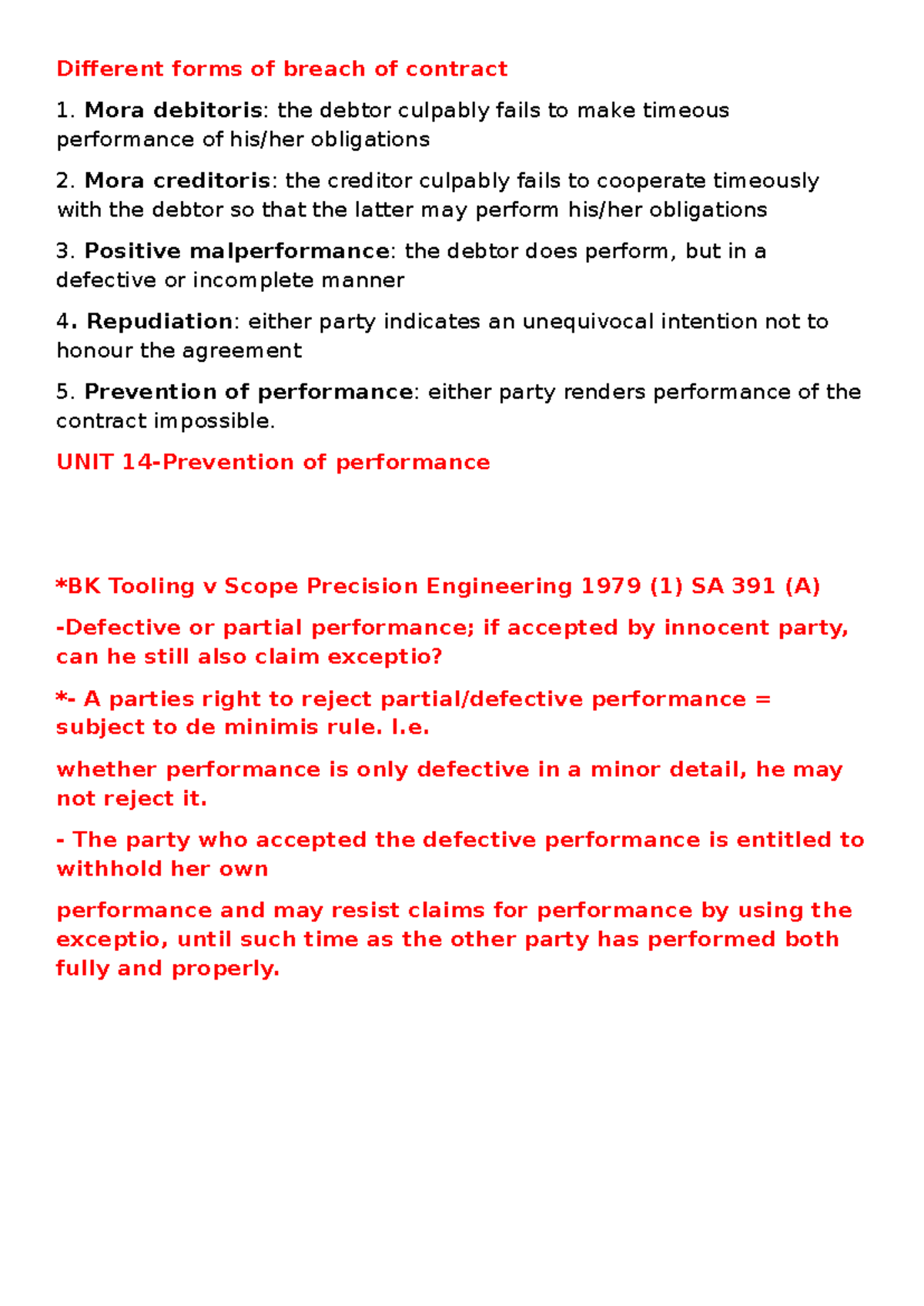 BTK Cooling case summary - Different forms of breach of contract Mora ...
