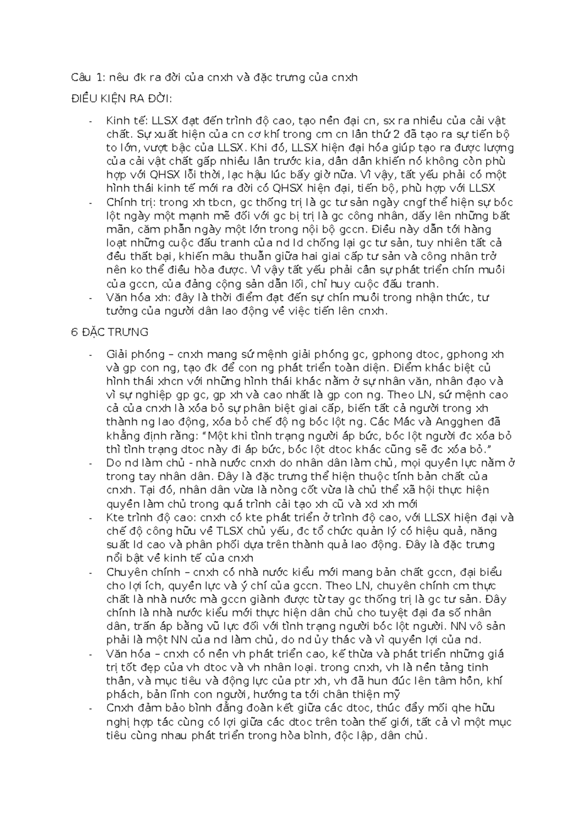 Cnxhkh de cuong - Câu 1: nêu đk ra đời của cnxh và đặc trưng của cnxh ĐIỀU KIỆN RA ĐỜI: - Kinh ...