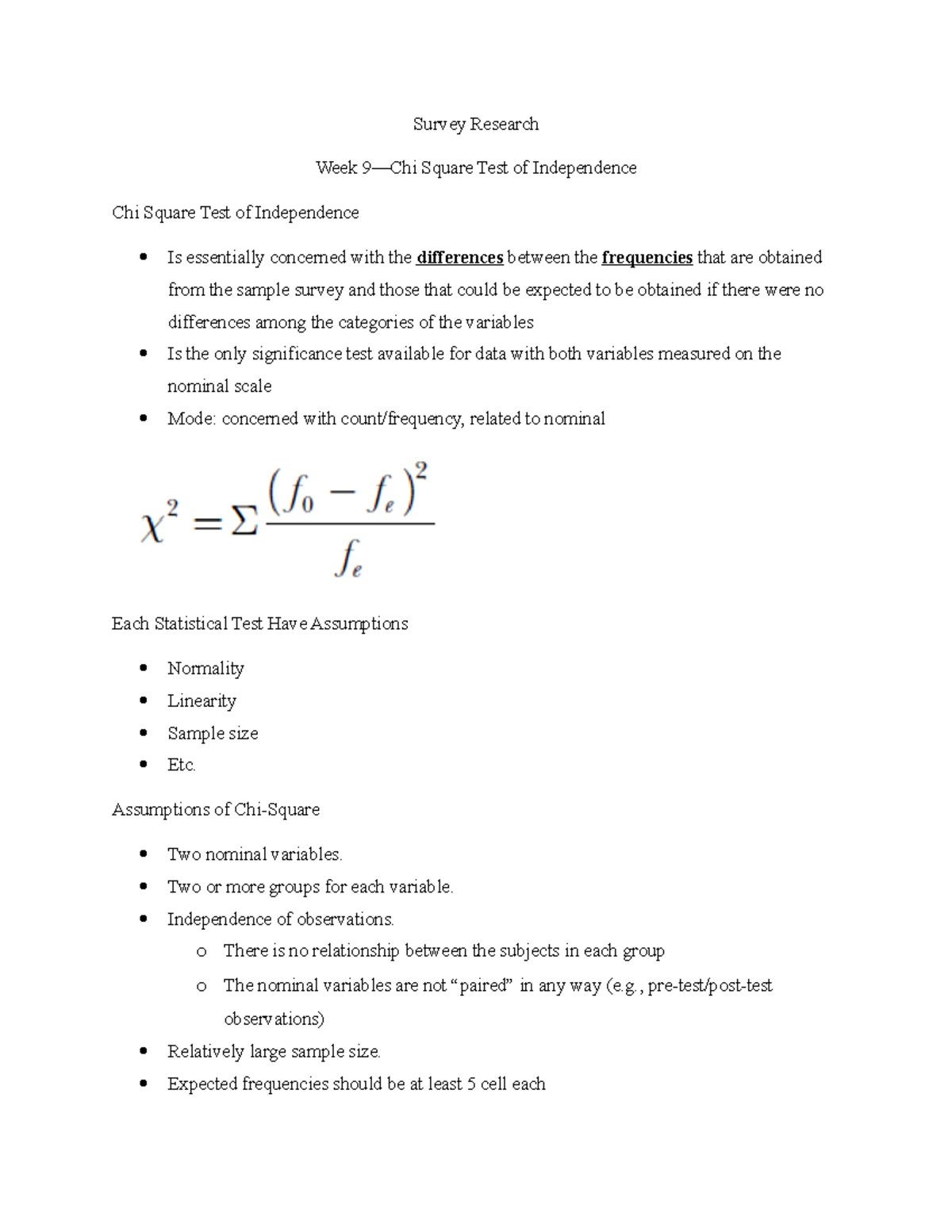 Week 9 - Chi Square Test of Indep. Lecture Notes - Survey Research Week ...