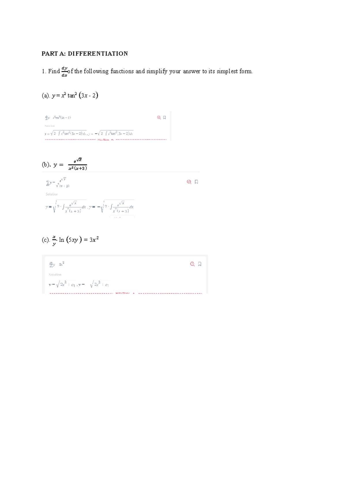 Assignment MAT 183 - mat183 - PART A: DIFFERENTIATION Find 𝑑𝑦 𝑑𝑥of the following functions and ...