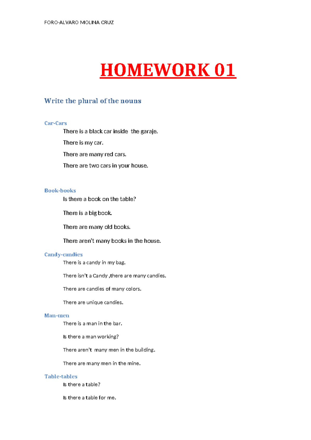 FORO Homework Molina - DESCRIPCIONES - HOMEWORK 01 Write the plural of ...