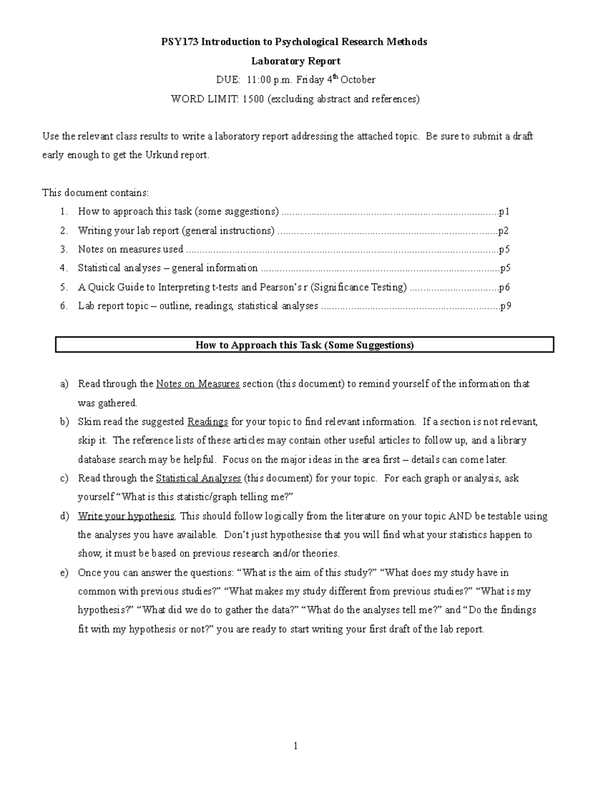 PSY173 Lab report information and data - PSY173 Introduction to ...