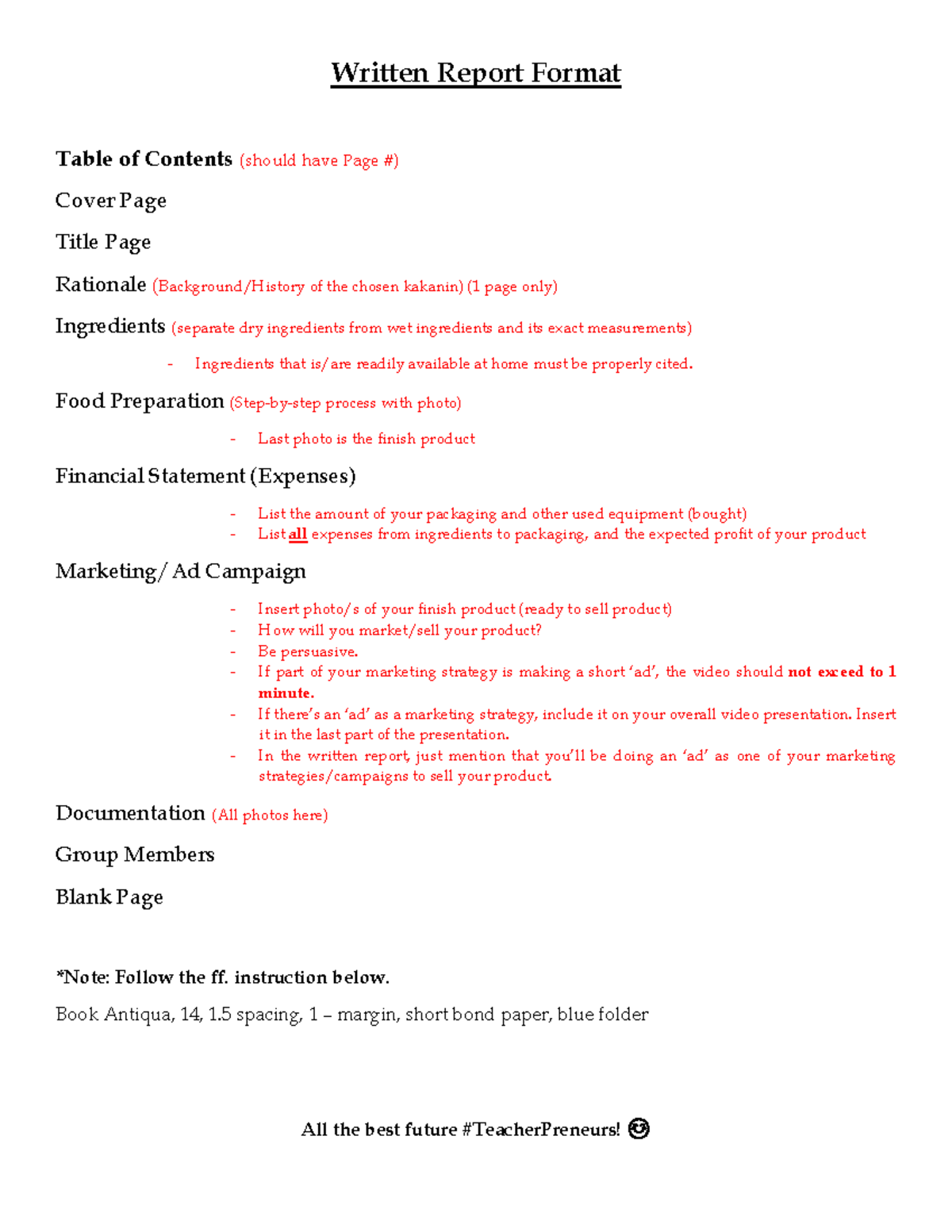 LE 1 Written Report Format - Written Report Format Table of Contents ...