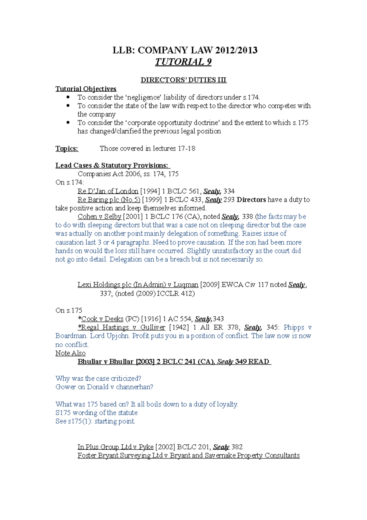 Company Tutorial 9 - Law notes to prepare for examination. - LLB ...
