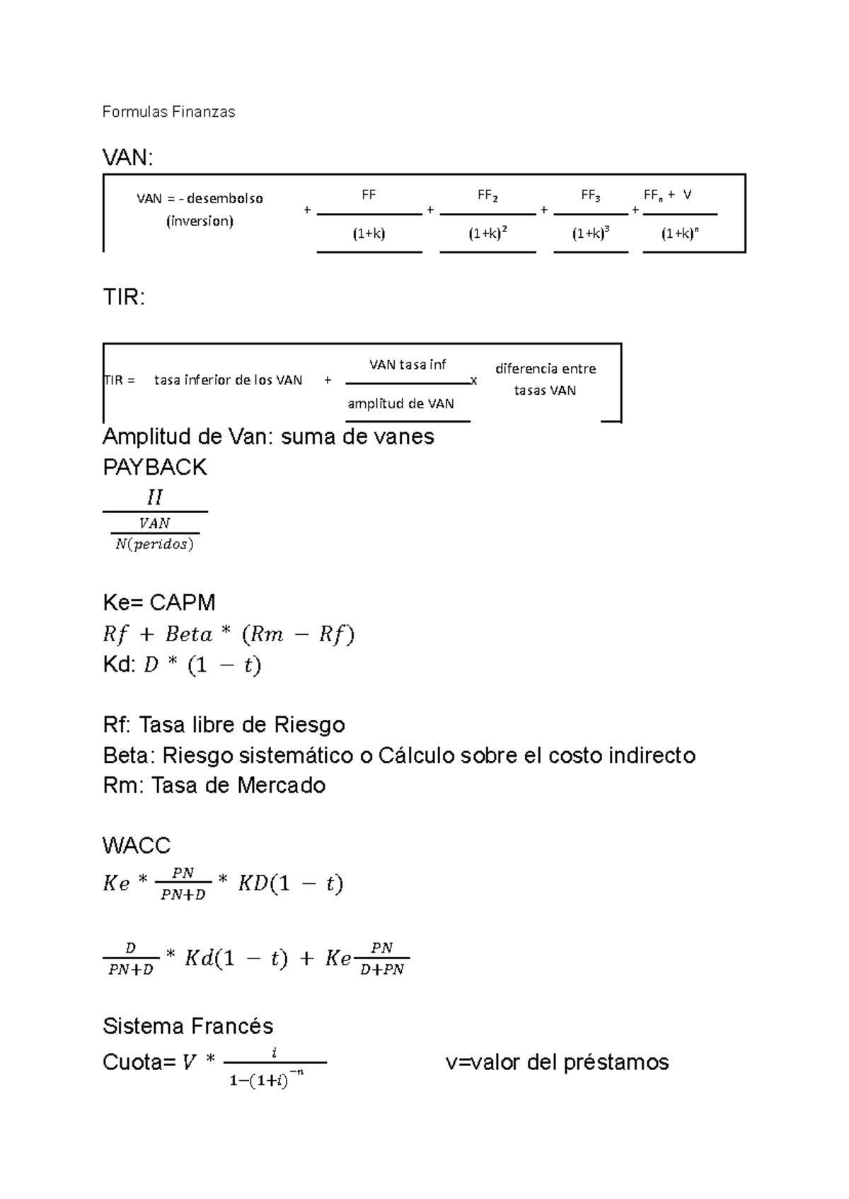 Formulas Finanzas - Formulas Finanzas VAN: VAN = - desembolso ...