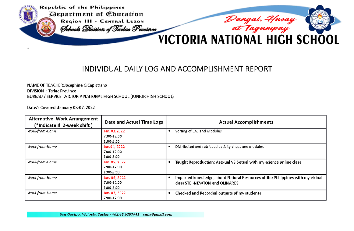Idlar oct. 11 - 15 2021 - n/a - t INDIVIDUAL DAILY LOG AND ...