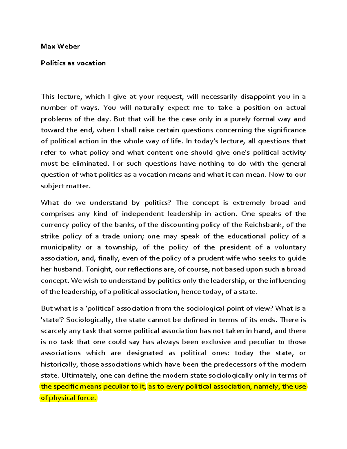 Week II Max Weber - Max webber - Max Weber Politics as vocation This ...