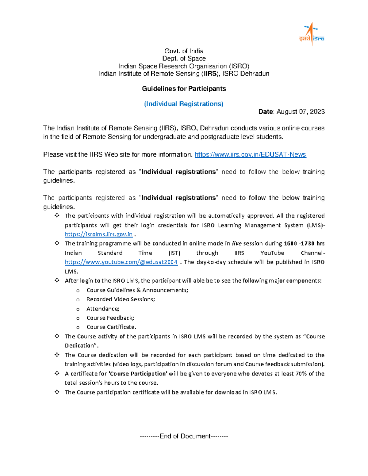 Course guideline student DLP individual - Govt. of India Dept. of Space ...
