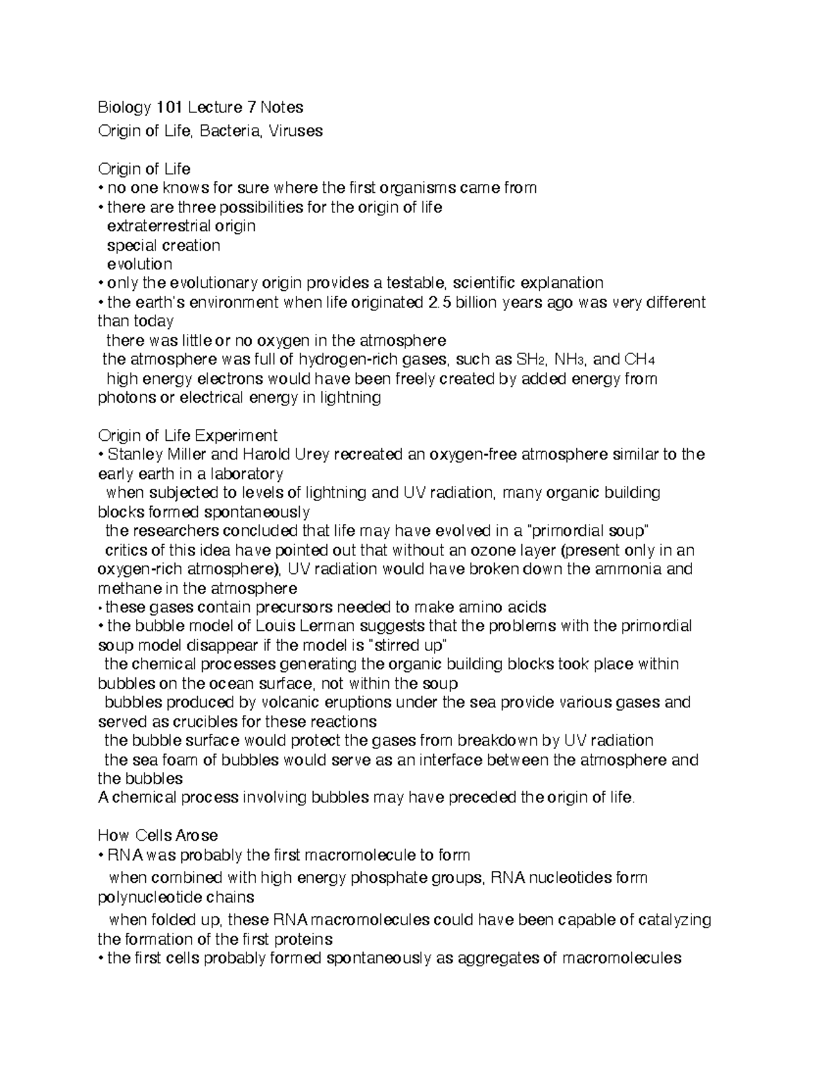Bio 7 - origin of life biology class notes - Biology 101 Lecture 7 ...
