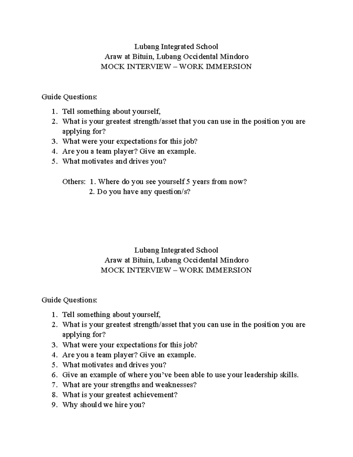 Mock interview Questions - Lubang Integrated School Araw at Bituin ...