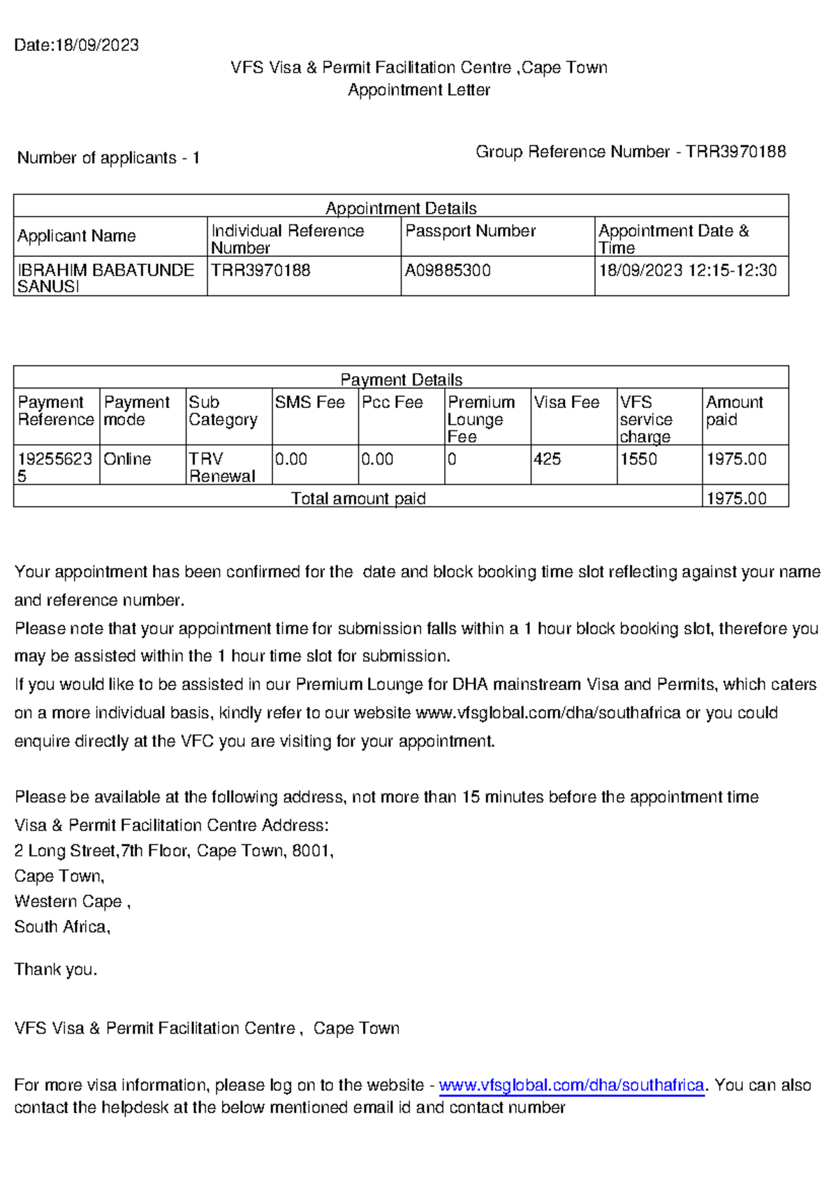 TRR3970188 - WWWWWWWWW - Date:18/09/ VFS Visa & Permit Facilitation ...