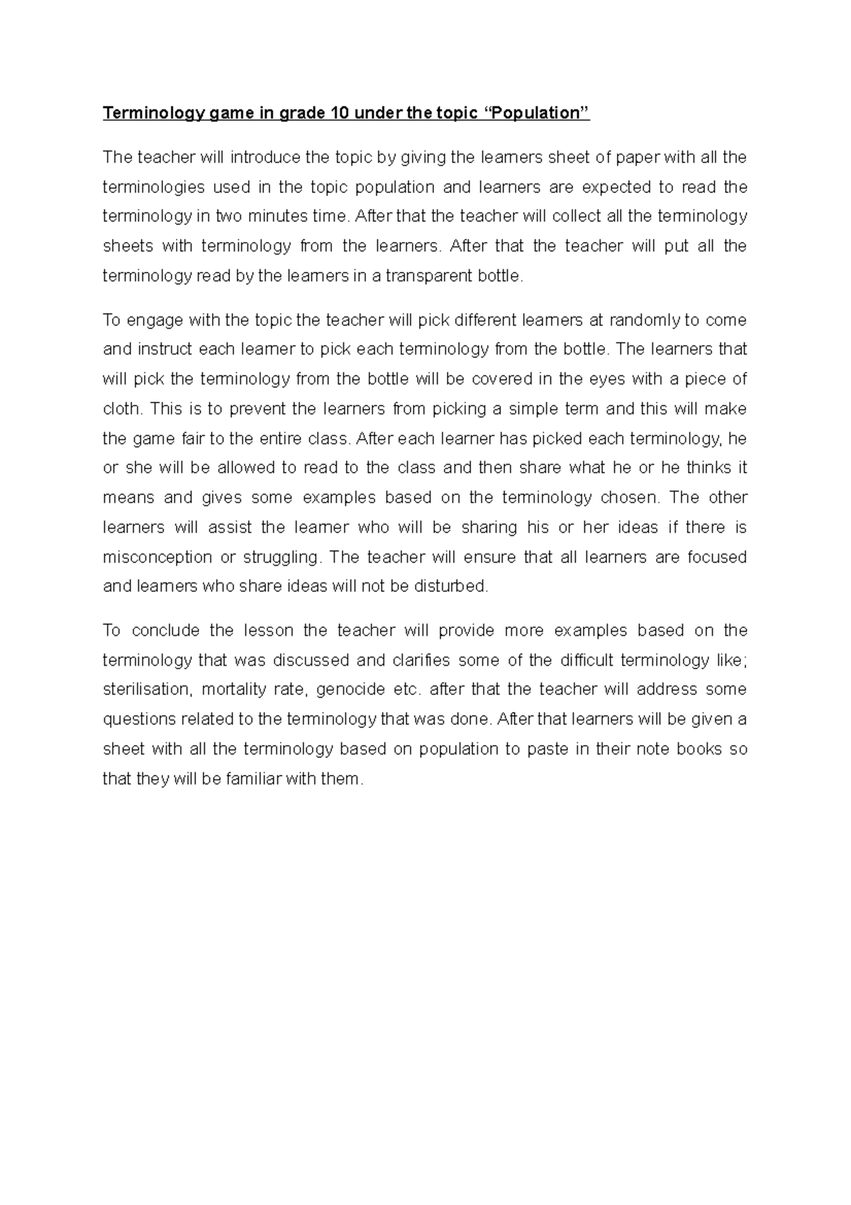 Terminology game in grade 10 under the topic - After that the teacher ...