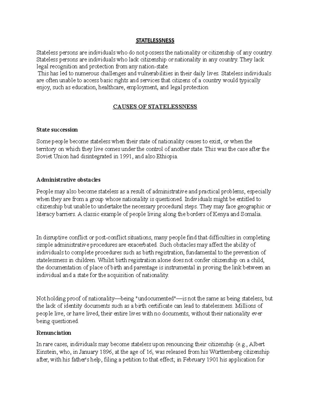 Statelessness - STATELESSNESS Stateless persons are individuals who do ...