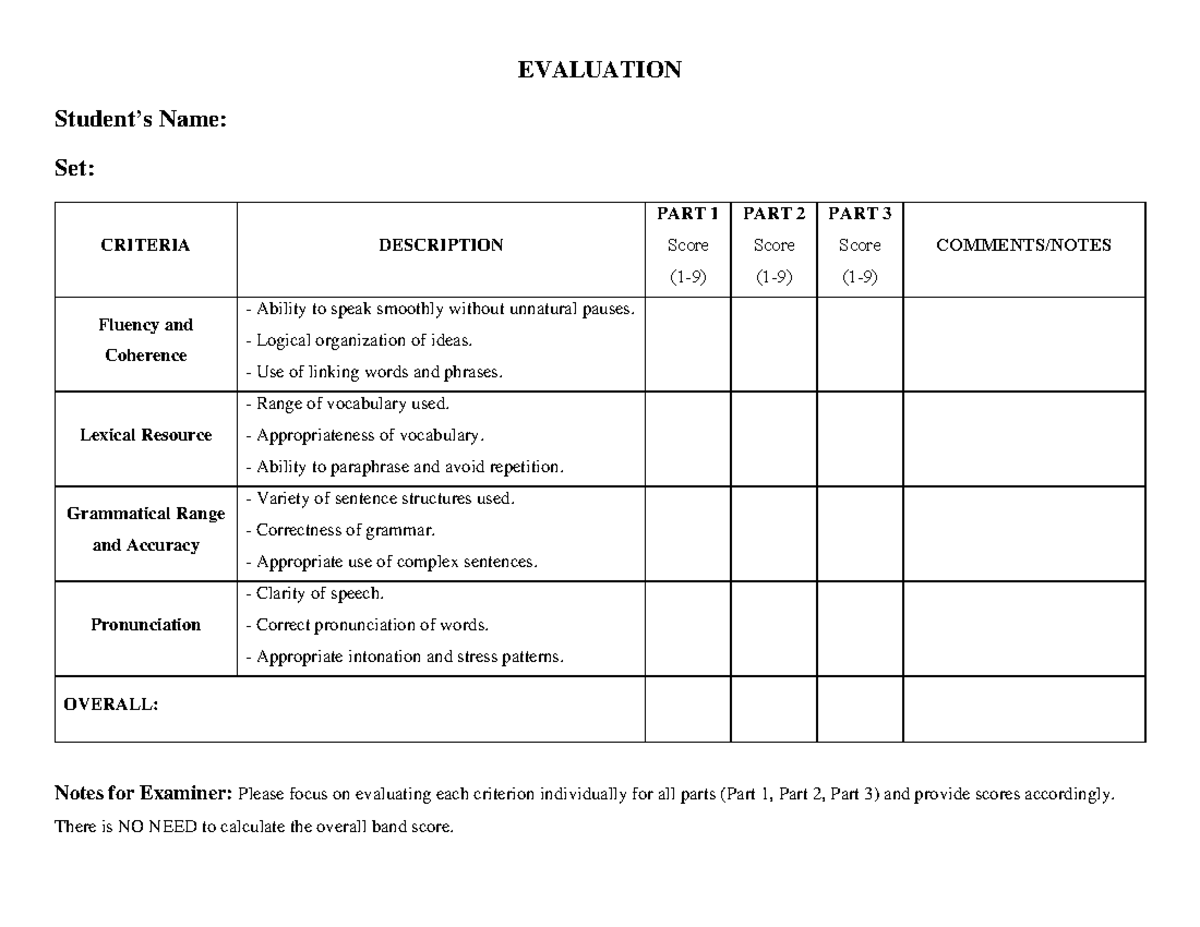 Evaluation - ... - EVALUATION Student’s Name: Set: CRITERIA DESCRIPTION ...