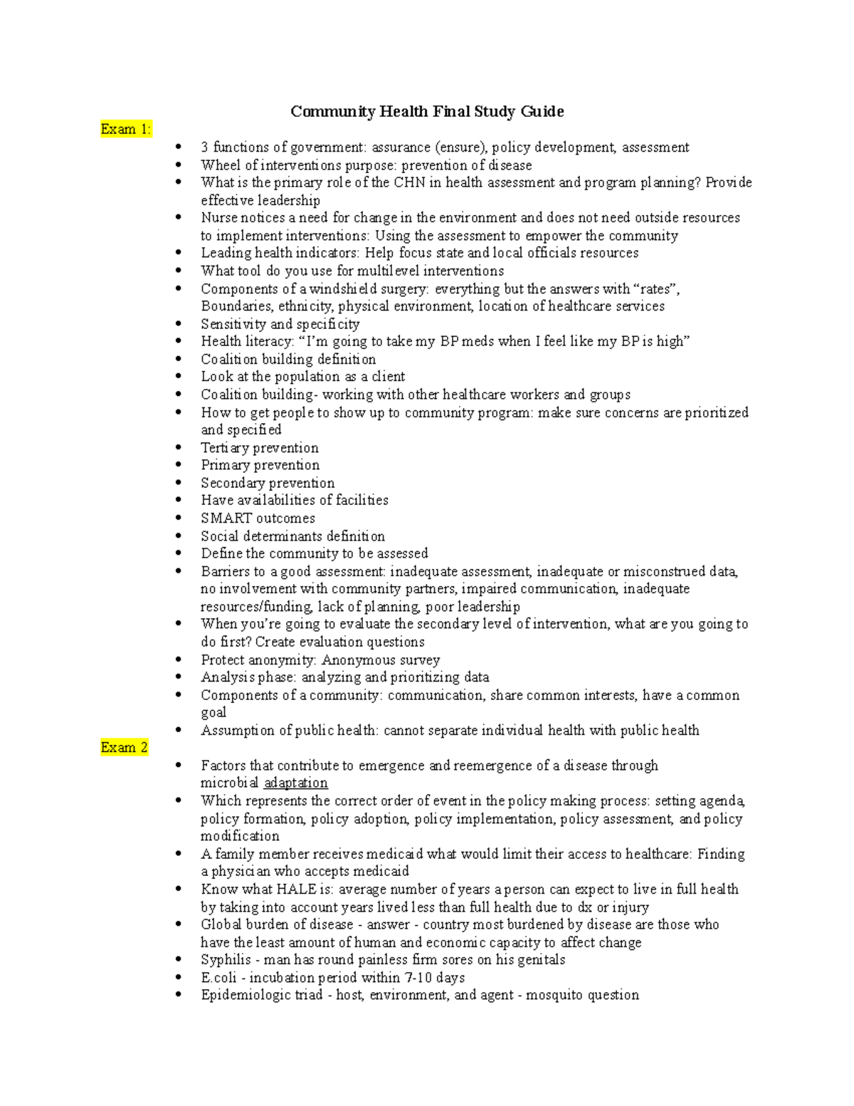 CH FInal SG - Lecture notes - Community Health Final Study Guide Exam 1 ...