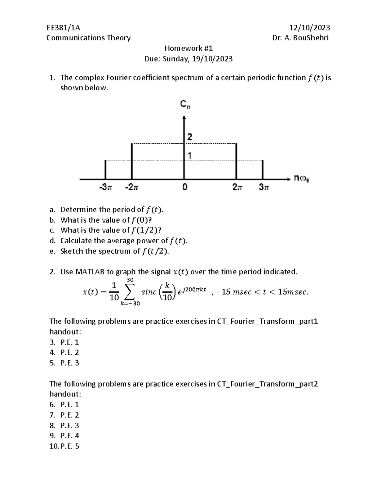 HW1 Fall 23-24 - Hw given to subject communication system - EE 381 /1A ...