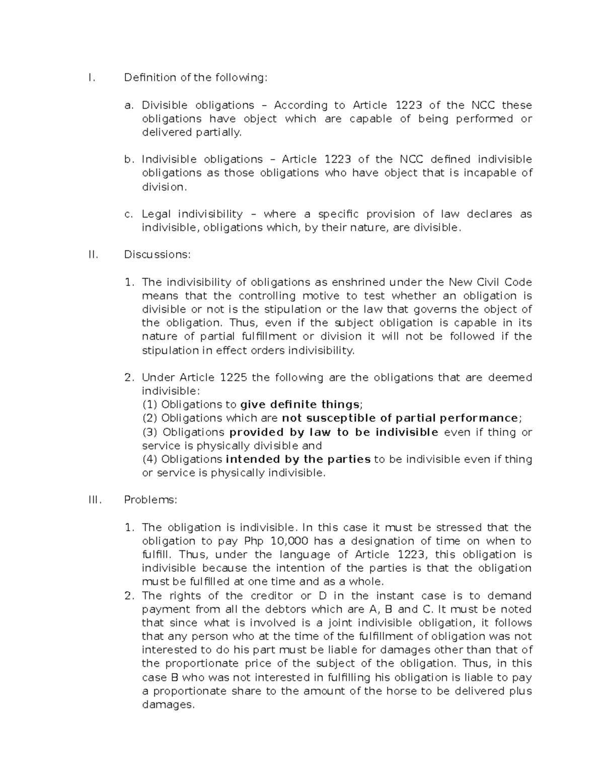 Divisible and Indivisible Obligation - I. Definition of the following ...