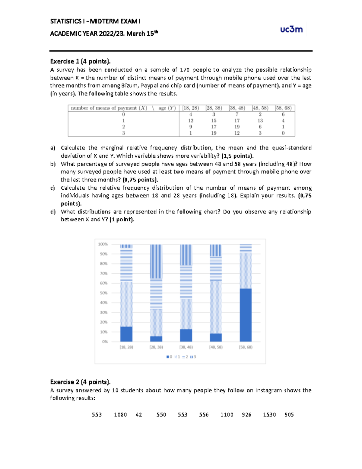 Statistics I First Midterm Exam - STATISTICS I - MIDTERM EXAM I ACADEMIC YEAR 2022 / 23. March ...