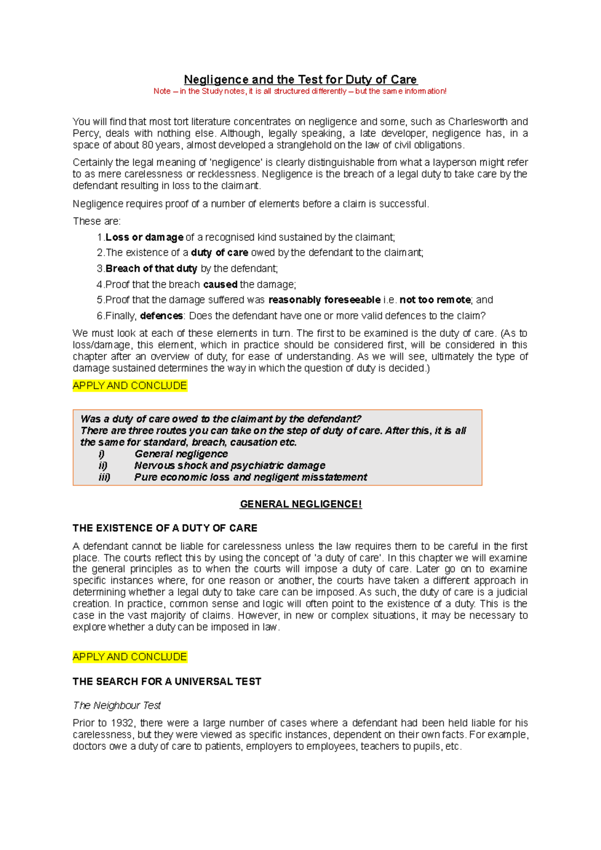 THE TORT EXAM 2020 - General Negligence copy - Negligence and the Test ...