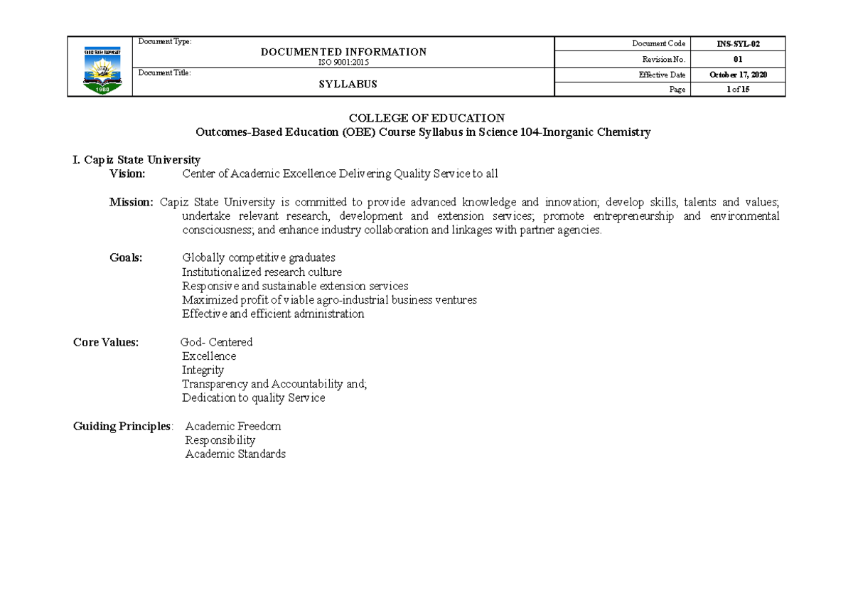 Inorganic Chem OBE Syllabus 2022 - COLLEGE OF EDUCATION Outcomes-Based ...