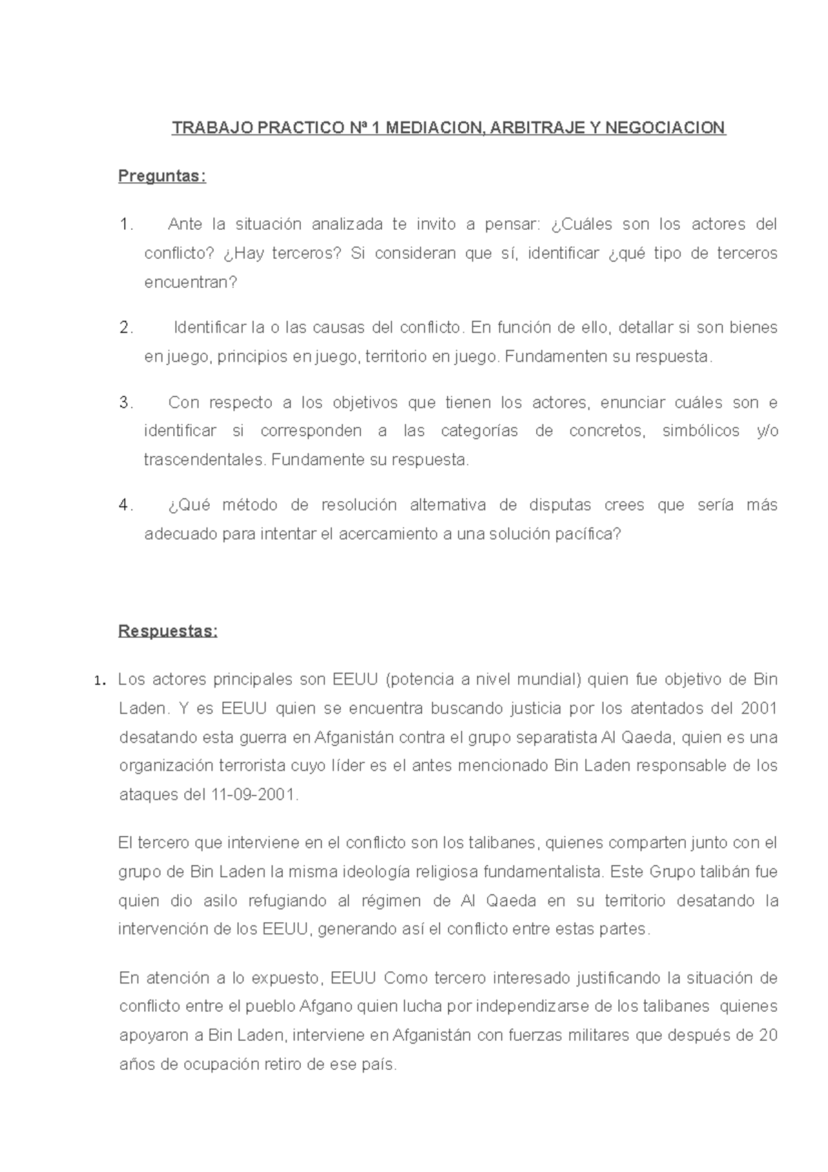 TP N 1 Mediación - TP N1 - TRABAJO PRACTICO Nª 1 MEDIACION, ARBITRAJE Y NEGOCIACION Preguntas ...
