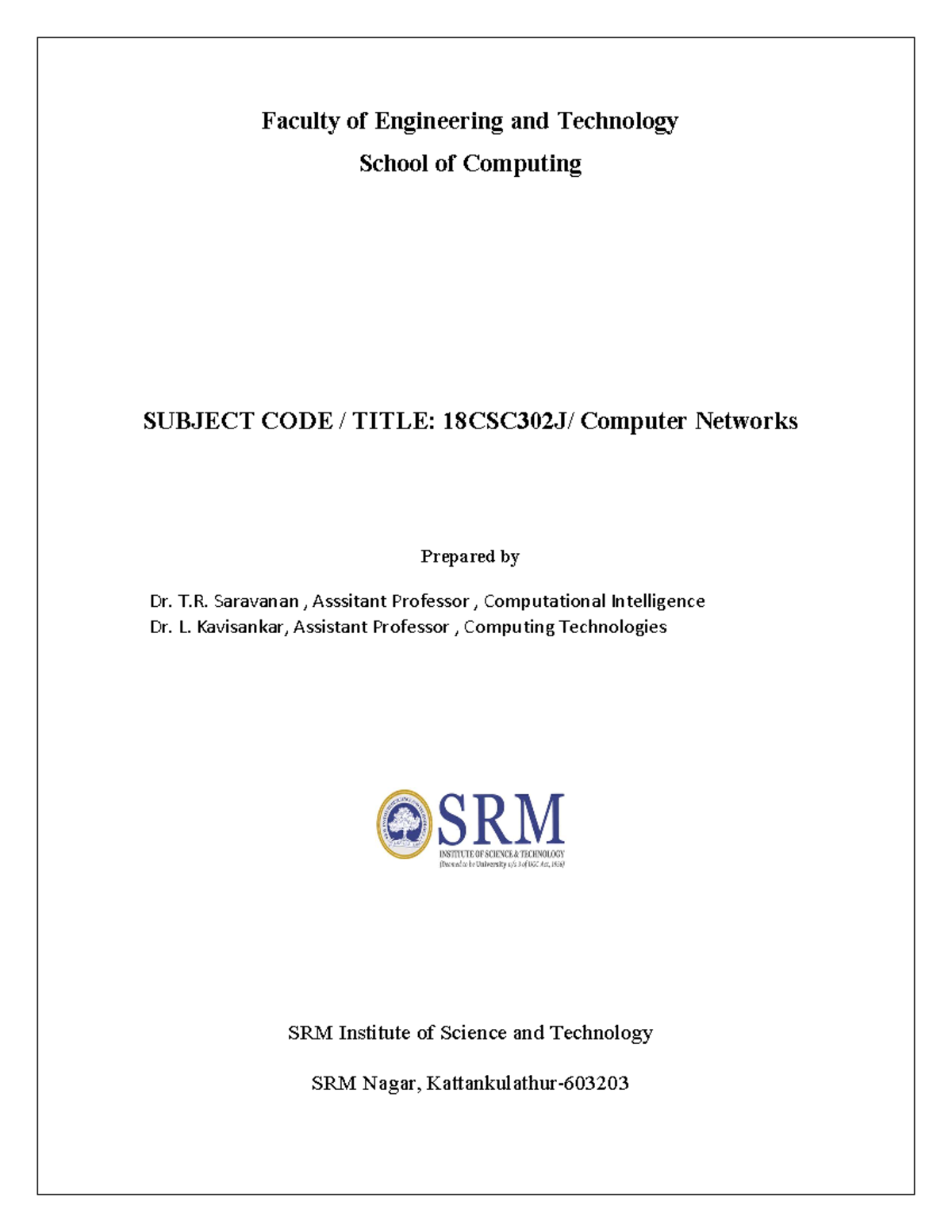 18CSC302J Computer Networks lab manual odd 2022 - Faculty of Engineering and Technology School ...