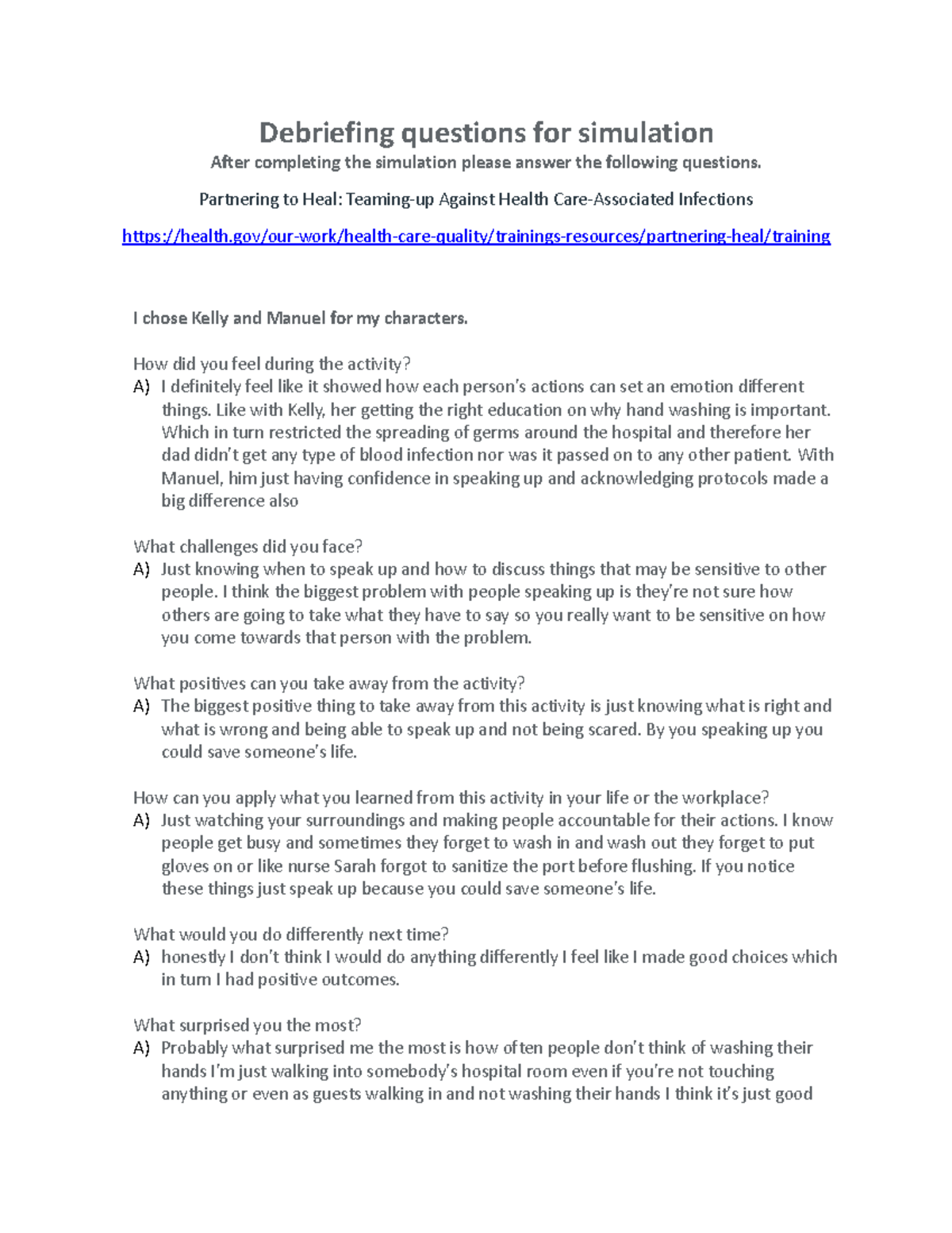 Debriefing questions infection simulation - Debriefing questions for ...