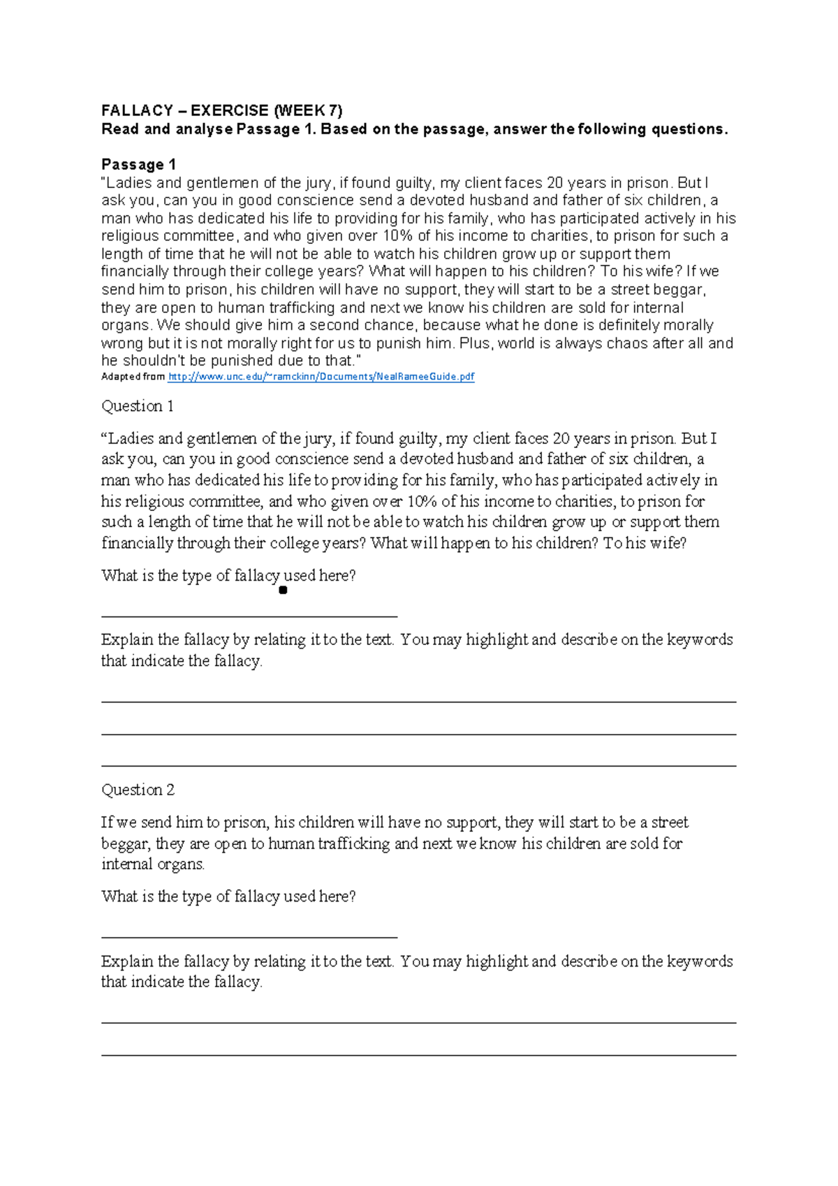 Edited - Fallacy Exercise - FALLACY – EXERCISE (WEEK 7) Read and ...