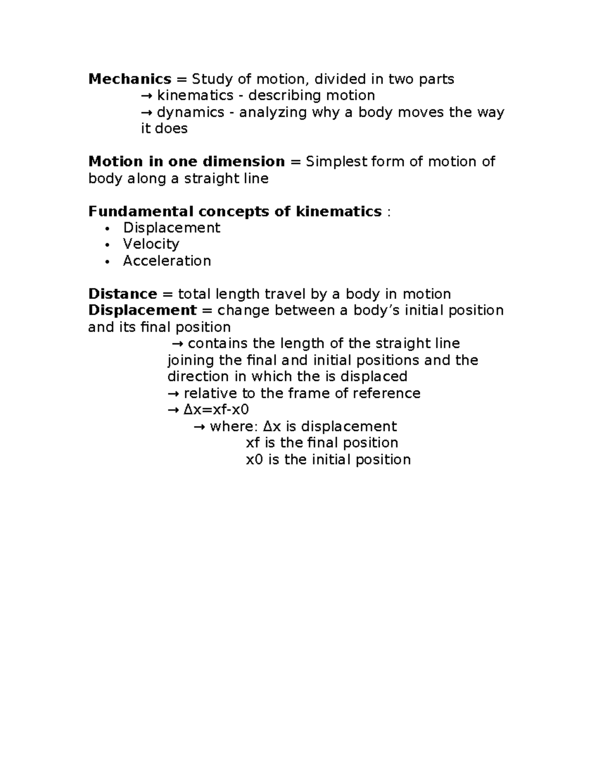 Intro phys - Mechanics = Study of motion, divided in two parts → ...