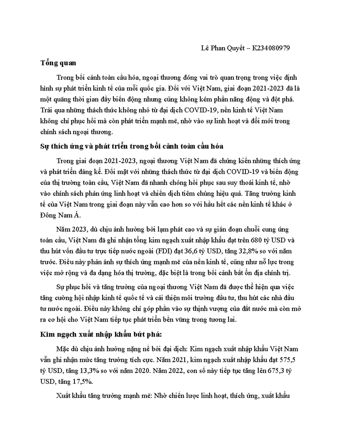 Btap ca nhan - Lê Phan Quyết – K Tổng quan Trong bối cảnh toàn cầu hóa, ngoại thương đóng vai ...