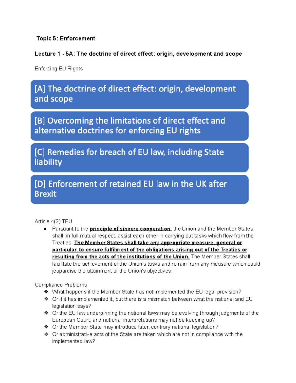 EU Topic 5 - Enforcement - Topic 5: Enforcement Lecture 1 - 5A: The ...