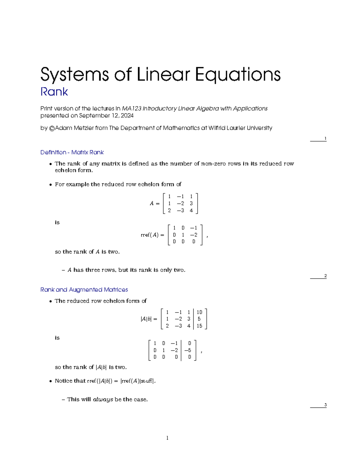 MA123 Rank Notes - Systems of Linear Equations Rank Print version of ...