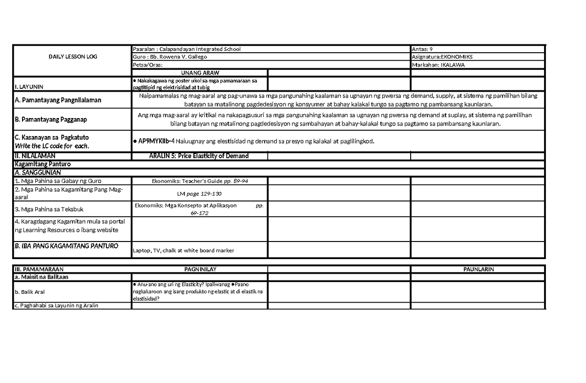Aralin 5 - for references only - Paaralan : Calapandayan Integrated ...