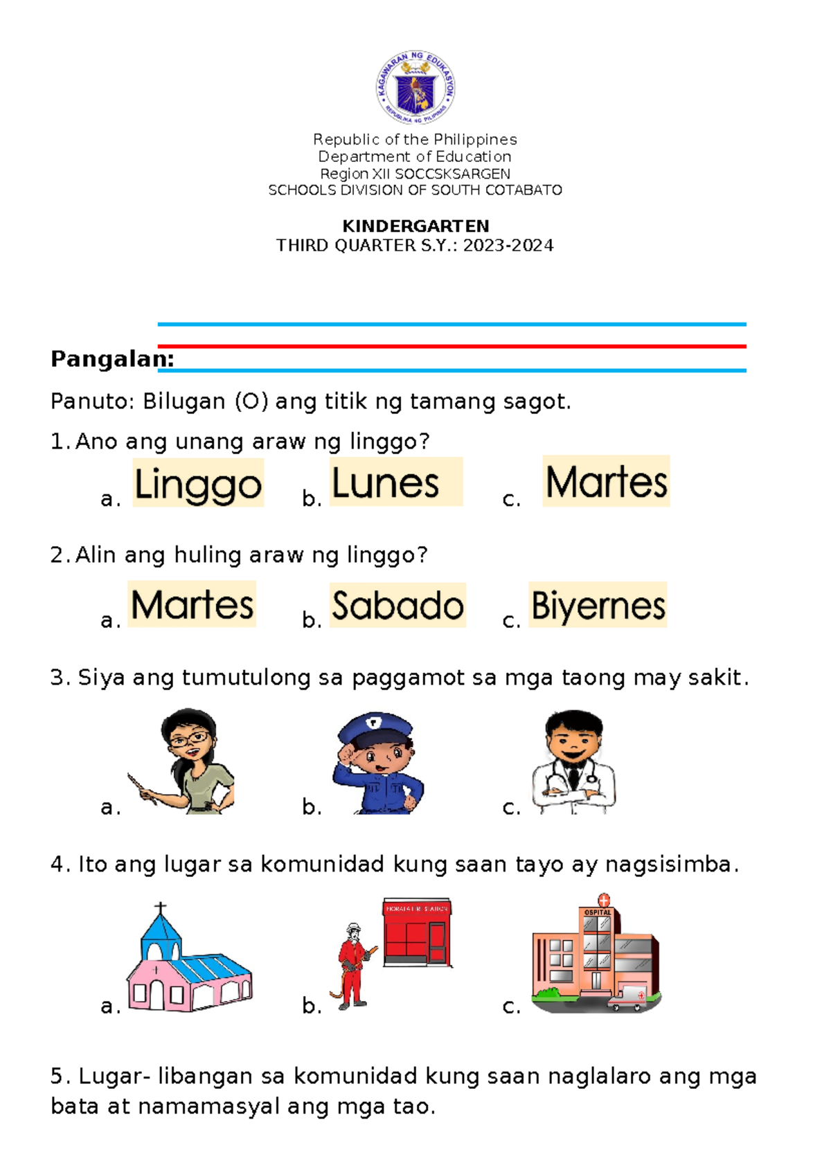 Q3 Kinder EXAM 23-24 - exam - Republic of the Philippines Department of ...