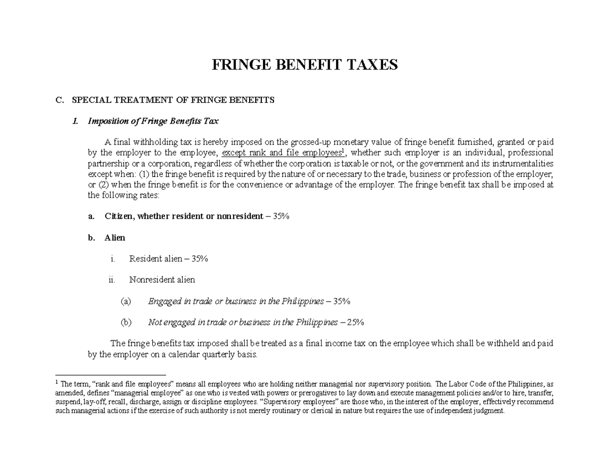 FBT CALCULATION AND NOTES - FRINGE BENEFIT TAXES C. SPECIAL TREATMENT ...