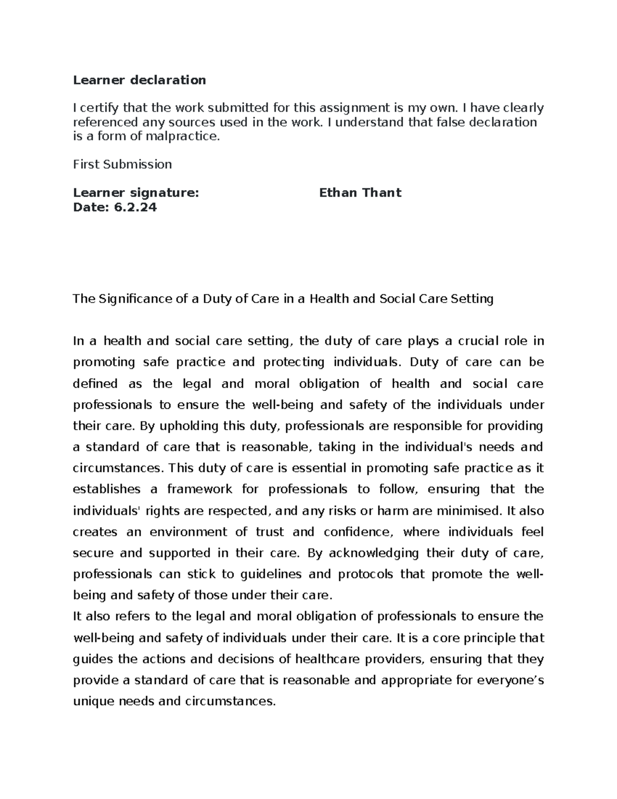 Unit 7 Assignment - notes - Learner declaration I certify that the work ...