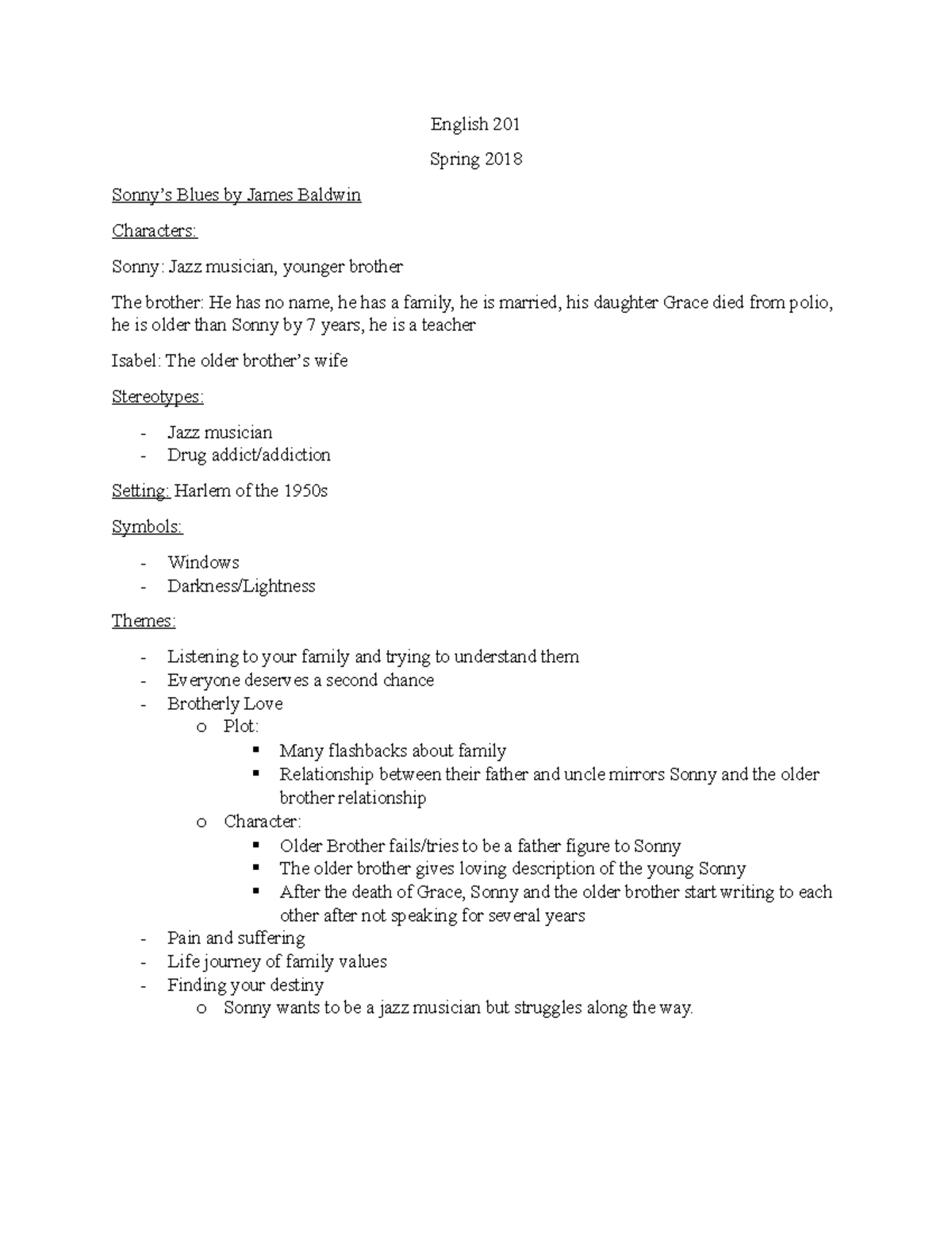 English 201- Sonny's blues - English 201 Spring 2018 Sonny’s Blues by ...