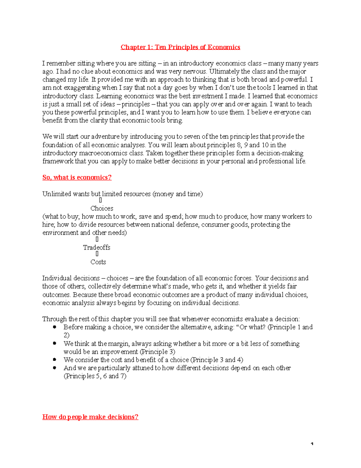 Chapter 1 Notes - Chapter 1: Ten Principles of Economics I remember ...