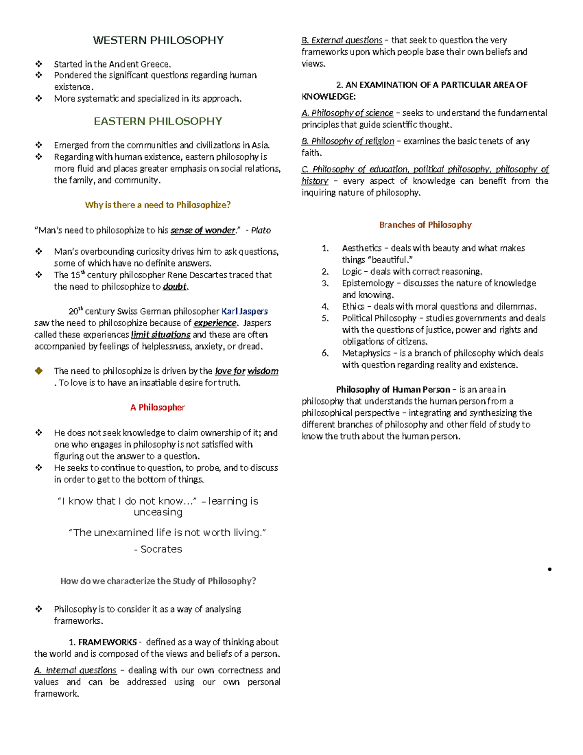 Philosophy Lesson II - Notes - WESTERN PHILOSOPHY Started in the ...