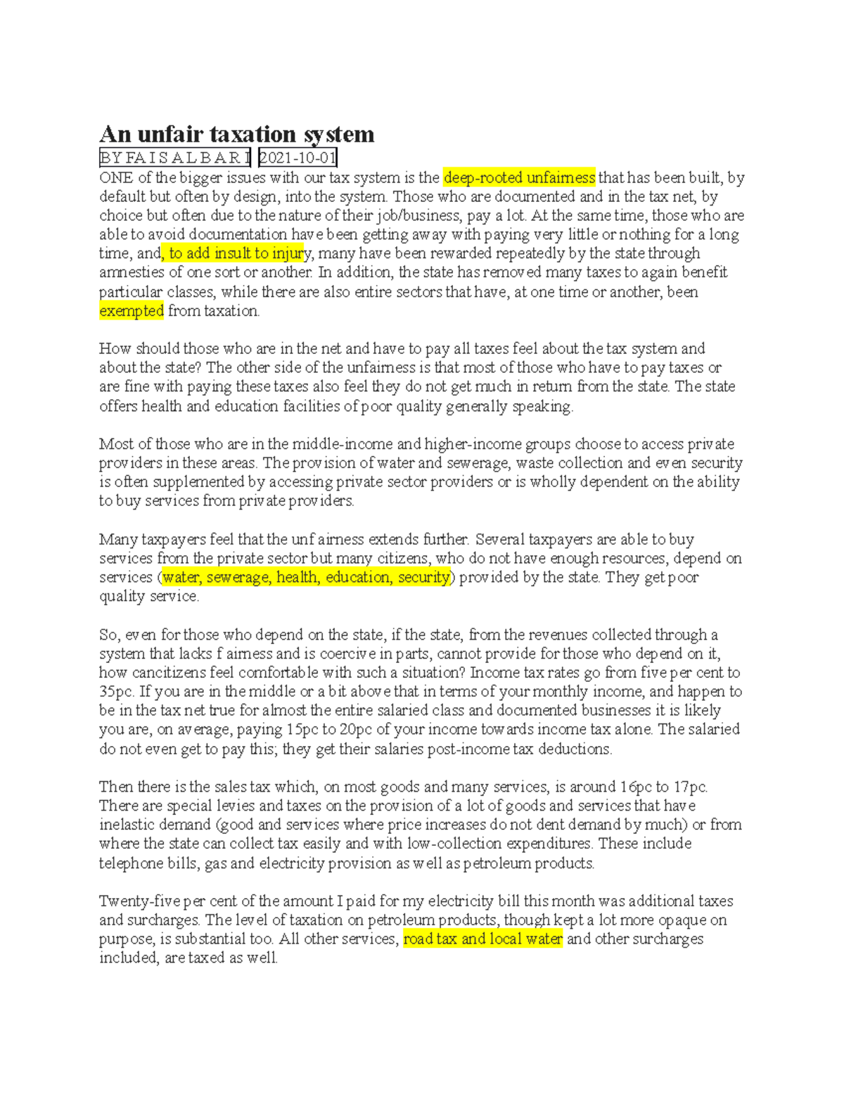 Editorial - this is helpful - An unfair taxation system BY FA I S A L B ...