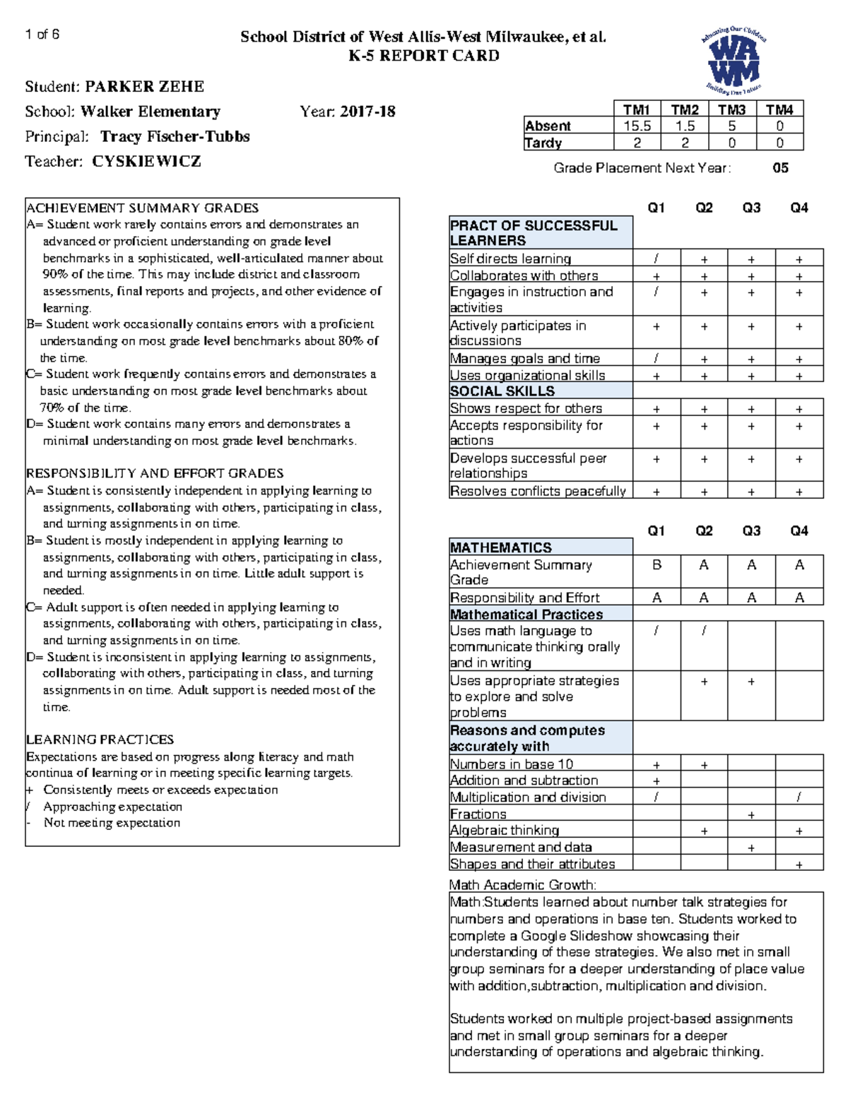 Standards Rpt Card 35086 2018 613 - Student: PARKER ZEHE School ...