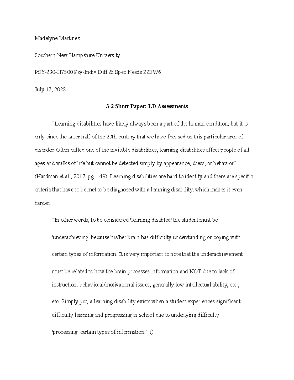 PSY 230 Short Paper 3-2 - Assignment - Madelyne Martinez Southern New ...